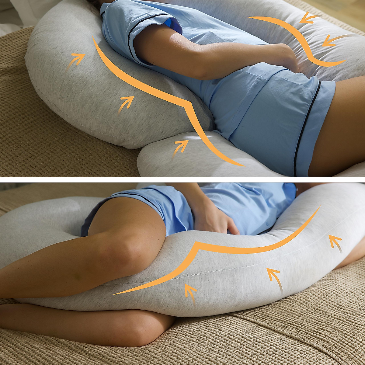 EKLO Pregnancy Pillows, C-Shape Full Body Pillow – Jersey Cover Light Grey – Maternity Must Haves, Great for Sleeping, Resting - Full Body Support