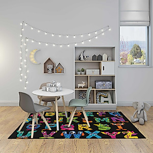 LOKMU Non-Slip Area Rugs Cartoon Fluffy Monsters Alphabet on Black Home Decor Rugs Carpet for Classroom Living Room Bedroom Dining Kindergarten Room 5'x7'