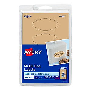 Avery Multi-Use Labels, Kraft Brown Oval Scroll 1-1/8" x 2-1/4", Pack of 24 (40151)