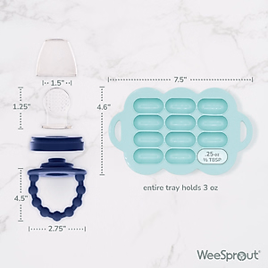 WeeSprout Silicone Baby Food Feeders + Freezer Tray for Batch Prep, Set of 2, Introduce New Foods Safely, Double as Teething Toys, Includes 2 Extra Pouches & Travel Lids, Dishwasher Safe