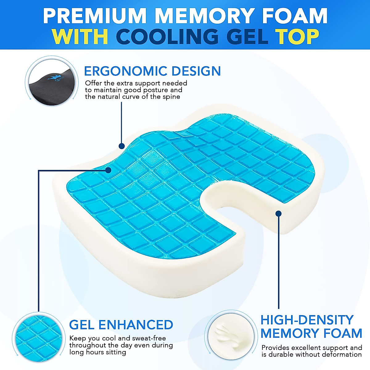 Gel Seat Cushion for Office Chair Coccyx Cushion for Tailbone Pain Relief - Memory Foam Car Seat Cushion for Back Chair Cushion for Desk Chair, Wheelchair, Computer Sciatica Pillow for Sitting