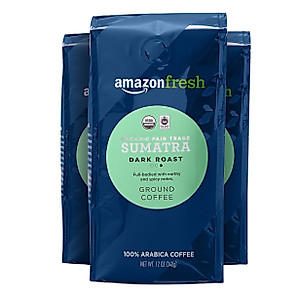 Amazon Fresh Organic Fair Trade Sumatra Ground Coffee, Dark Roast, 12 Ounce (Pack of 3)