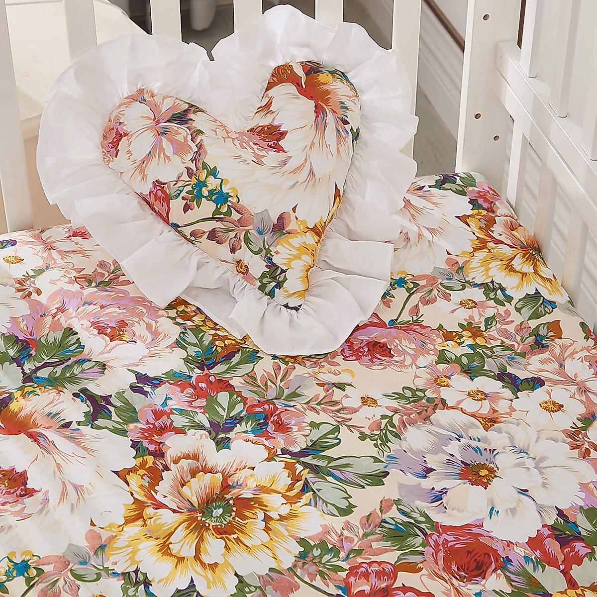 Brandream Crib Bedding Sets for Girls | 3-Piece Cotton Nursery Baby Bedding Set | Shimmering Floral Comforter, Crib Sheet, Embroidered Flowers Tulle Lace Crib Bed Skirt, Blush Pink
