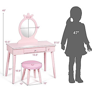 Casart Wooden Kids Vanity Set, Makeup Table and Stool Set with Mirror, Pull-Out Drawer and Cushioned Stool, Perfect Dressing Table Set for Children,Child Pretend Beauty Play Vanity Set, Pink