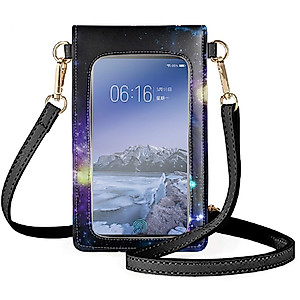 HUGS IDEA Leather Phone Purse Small Crossbody Bag Mini Touch Phone Purse Shoulder Bag with Galaxy Wolf Pattern for Women Ladies