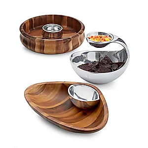 nambe - Nara Collection - Curved Chip & Dip Bowl 13" x 3.5" - Inner Mini Nambe Alloy Dip Bowl - Measures at 13" x 3.5" - Made with Nambe Alloy and Acacia Wood - Designed by Sean O'Hara