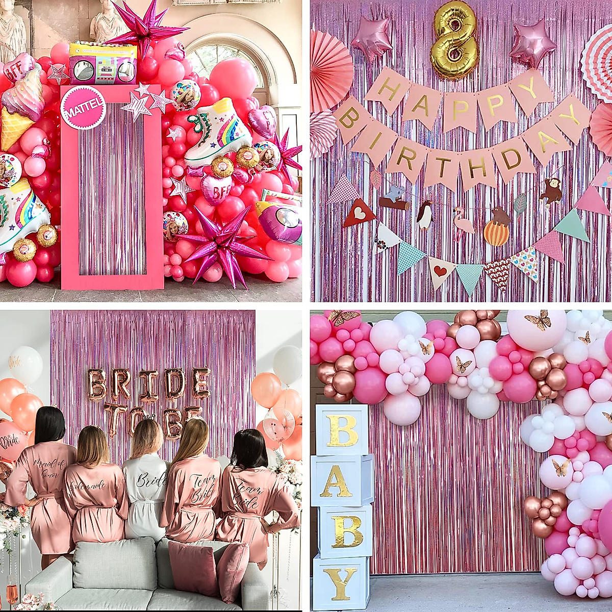 RUBFAC Pink Tinsel Backdrop for Pink Party Decorations, Pink Foil Fringe Curtain, 6.4x8 Feet, Pack of 2, Pink Streamers Decorations for Princess Birthday Bachelorette Wedding