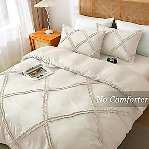 MILDLY Boho Duvet Cover Beige - Tufted Comforter Cover Set Geometric Textured Jacquard King Size Bedding Set with Corner Ties & Zipper Closure