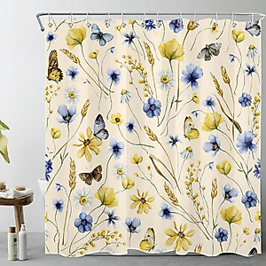LB Vintage Plant Wildflower Shower Curtain for Bathroom, Blue and Yellow Floral with Butterfly on Beige Fabric Shower Curtain with Hooks, Farmhouse Botanical Bathroom Curtain Shower Set, 72"W x 72"L