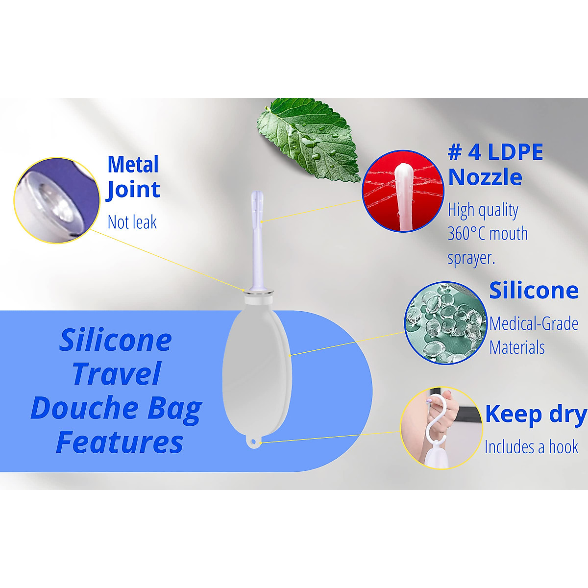 RVDKBULB Compact Silicone Douche Bag, Pocket size Reusable Travel Douche Kit, 24 Fl Oz Capacity, White