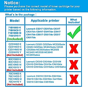 LCL Remanufactured Toner Cartridge Replacement for Lexmark 71B10K0 71B0010 71B0020 71B0030 71B0040 CS317dn CX317dn CS417dn CX417de CS517de CX517de (4-Pack Black Cyan Magenta Yellow)