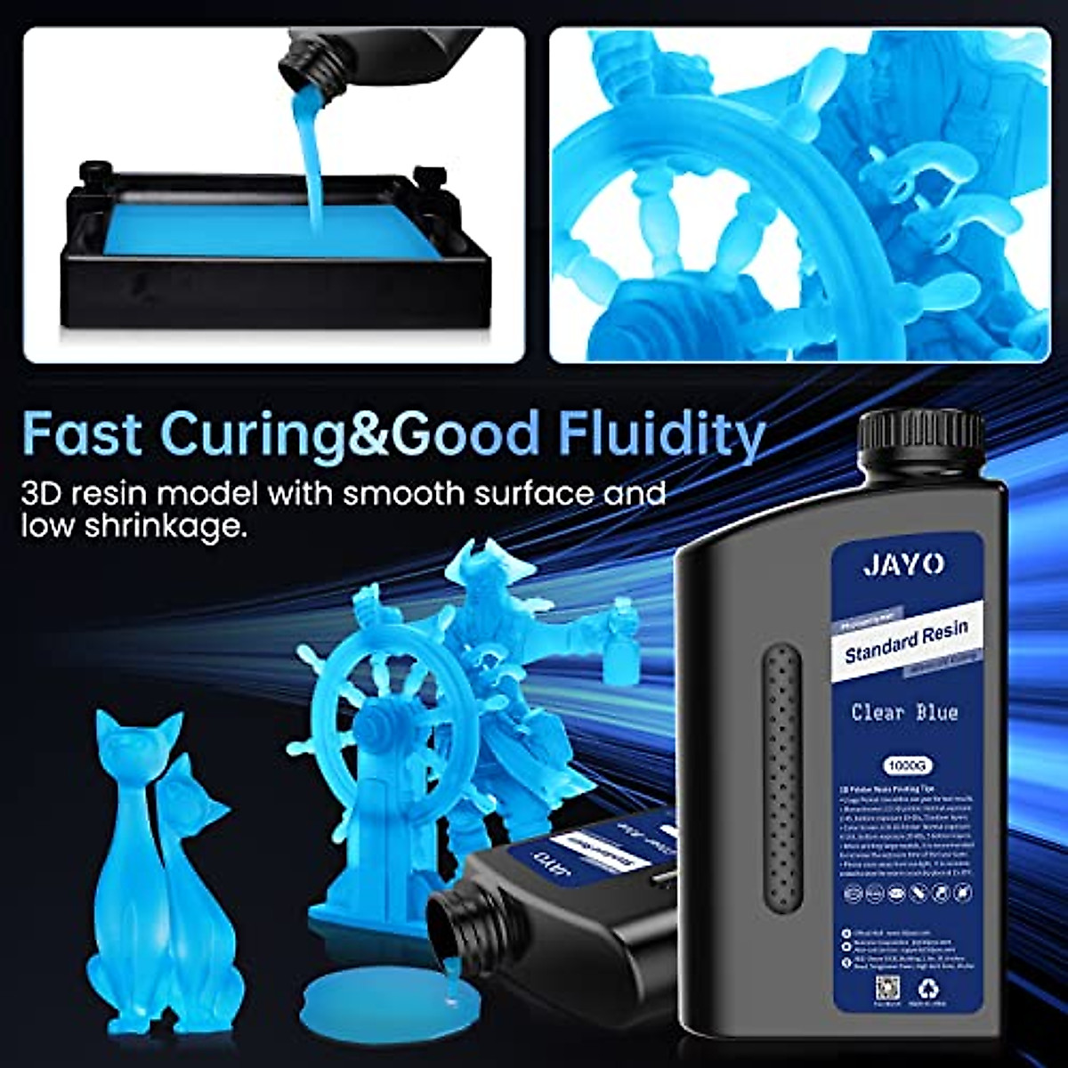 3D Printer Resin, JAYO 1KG 3D Resin for 4K 8K LCD/DLP/SLA 3D Printers, 405nm Standard Photopolymer Fast Curing Resin, High Precision, Low Shrinkage, Clear Blue 1000g