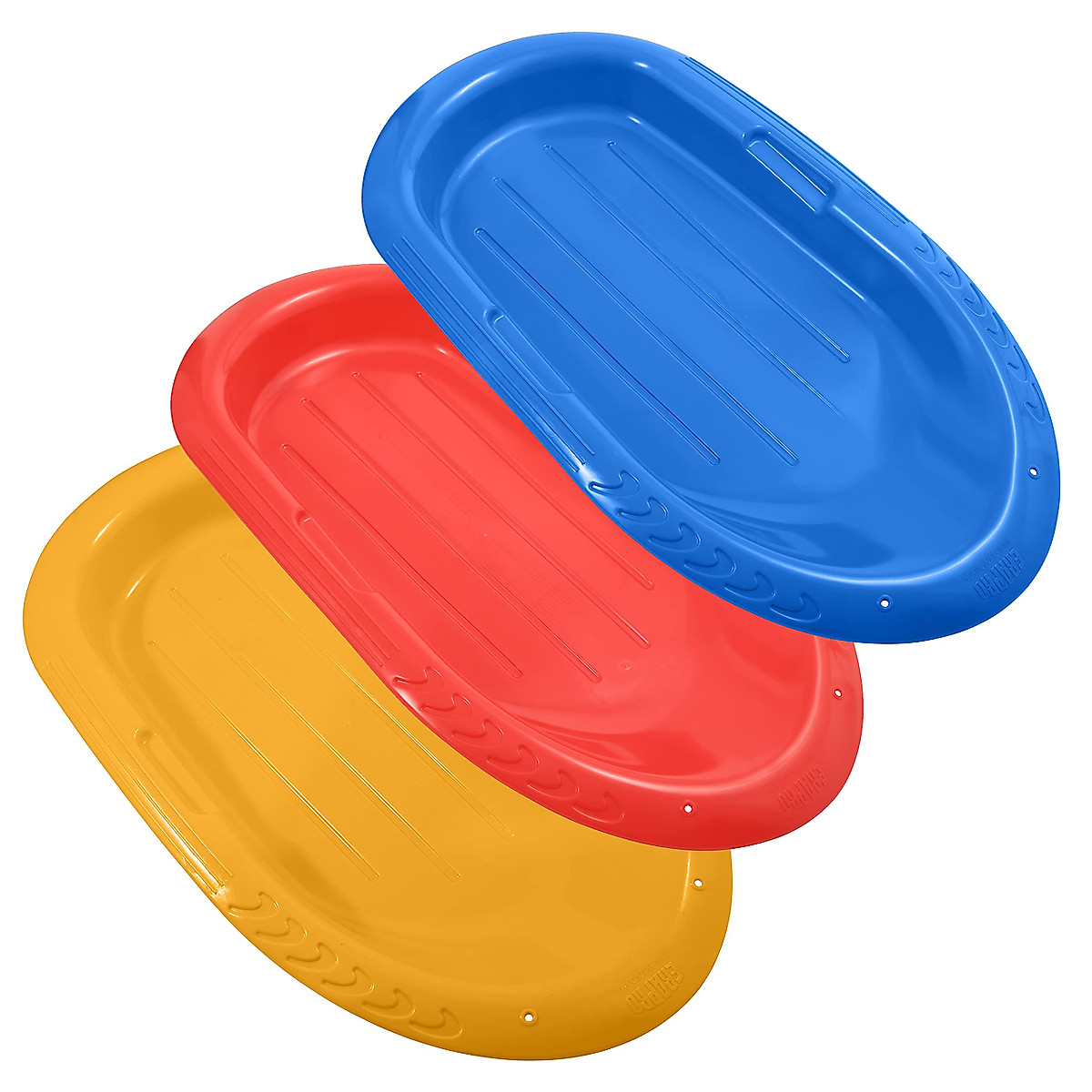 Superio Toboggan Snow Sled for Kids and Adults, 36" and 48" Heavy Duty Plastic Slider with Handles and Hole for Pull Ropes- Kid and Adult Winter Fun, 3 Pack (Red, Yellow, Blue-36)