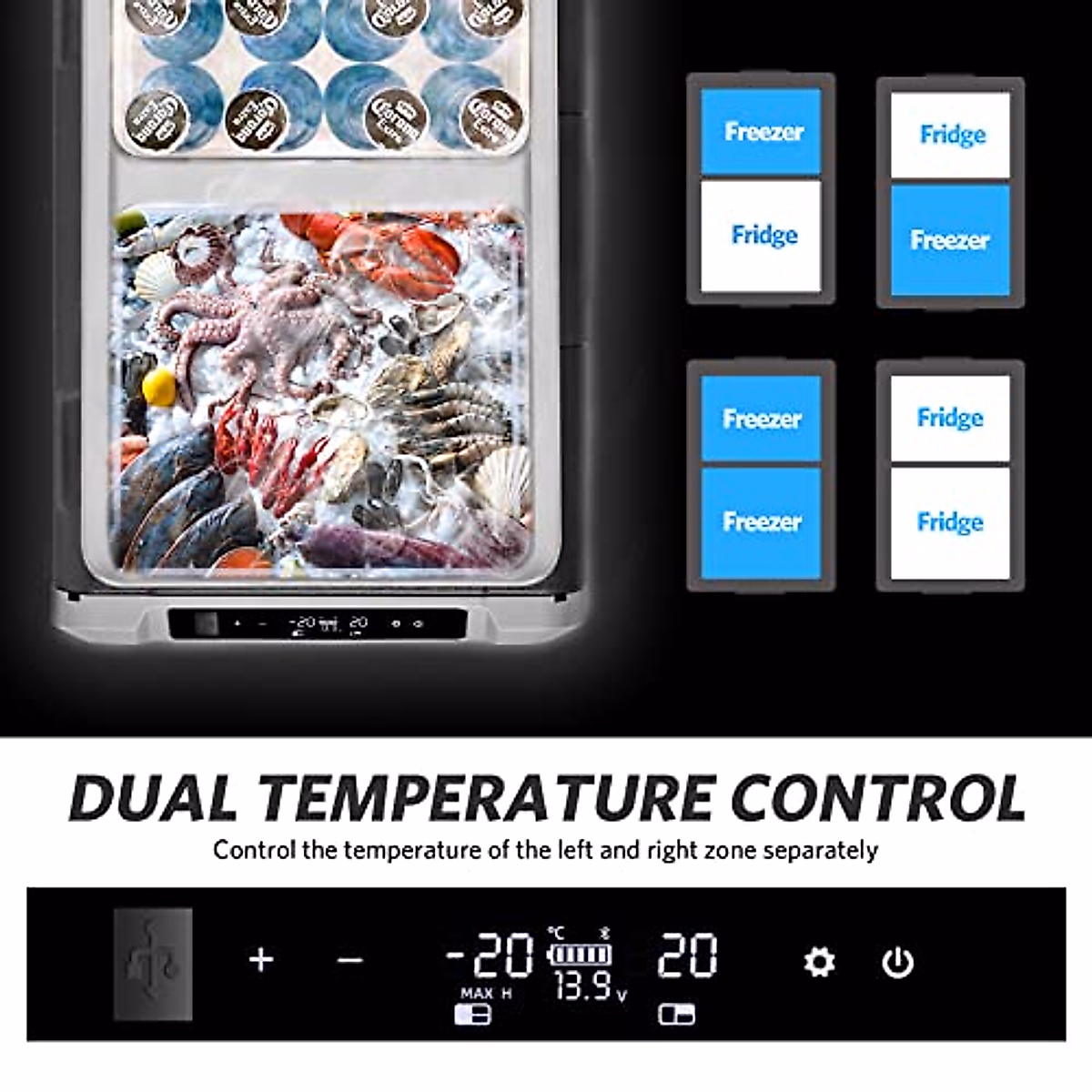 CHANGE MOORE DUAL ZONE Solar Powered 12v Refrigerator/Freezer 48 Quart(45 Liter) 12 volt Cooler Mini Fridge for Vehicles Travel Camping Outdoor -12/24V DC…