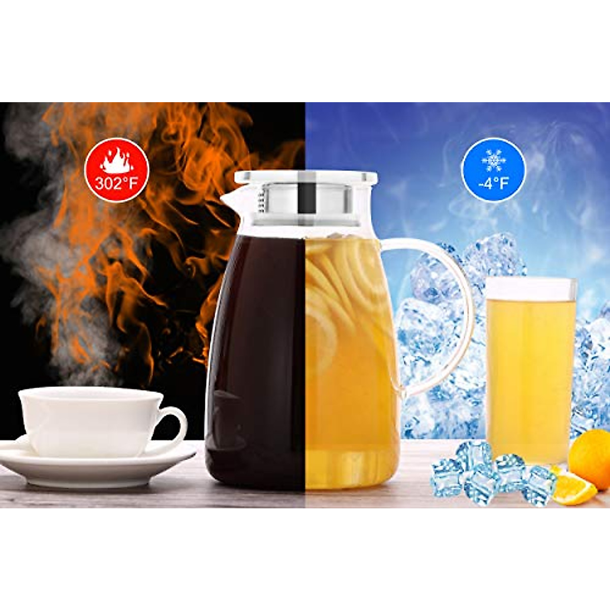 Apexstone 2 Liter 68 Ounces Glass Water Pitcher with Lid and Handle, Iced Tea Pitcher, Glass Juice Pitcher, Hot/Cold Water Jug, Juice and Iced Tea Beverage Carafe