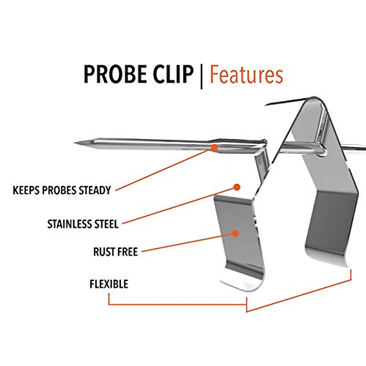 BBQ Butler Meat Thermometer Probe Holder - Temp Probe Clip - Barbecue Clip -Single Hole A-Style Design - Ambient Thermometer Temperature Readings for Smokers/Grills/Ovens - 2 Clips