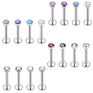 SCERRING 16PCS 16G 2mm Clear CZ Opal Internally Threaded Labret Monroe Lip Ring Tragus Nail Helix Earring Stud Piercing Jewelry Bar Length 6mm