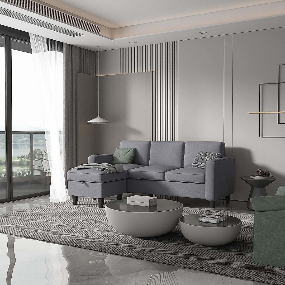 Light Grey Convertible Sectional Sofa Couch,3-Seat L-Shaped Sofa with Reversible Storage Ottoman and Pockets,Modern Linen Fabric Upholstered Sofa Furniture Sets for Living Room Small Space Apartment