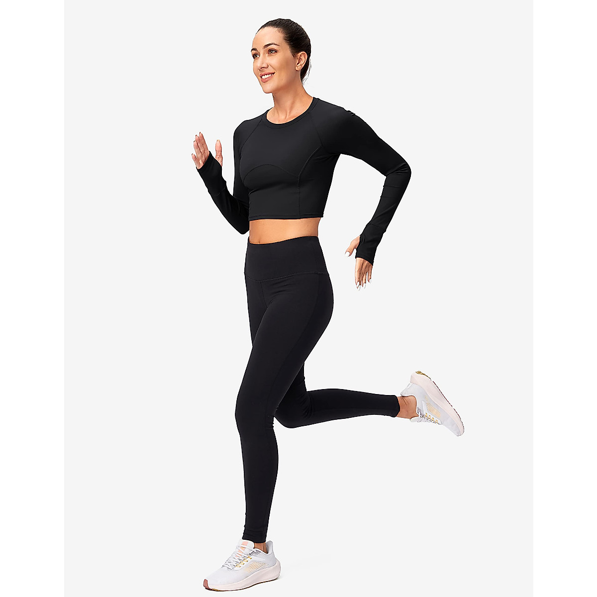 SANTINY Women's Long Sleeve Crop Workout Tops Slim Fit Gym Yoga Running Shirts for Women(Black_L)