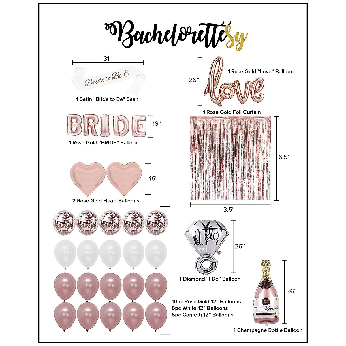 Bachelorettesy 28pc Bachelorette Party Decorations Kit for Bride to Be, Bridal Shower Decorations, Engagement Party – Balloons, Sash, Foil Backdrop Curtain (Rose Gold)