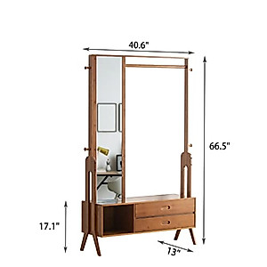 CROSS WIN Bamboo Wooden Garment Rack Freestanding Closet Organizers and Storage Drawers with Mirror&Hooks, Coat Rack, Open Wardrobe for Entryway (40.6(L) x 13 (W) x 66.5 (H))