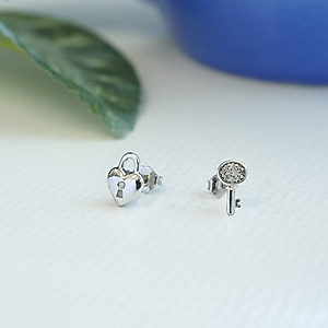 Timeless Love Diamond Accent Mismatched Earrings Set in Polished Sterling Silver, Heart & Key Shaped 0.39x0.20 Earrings with 0.05CT Round Diamond, Dainty Jewelry for Women, Women’s Fashion Earrings