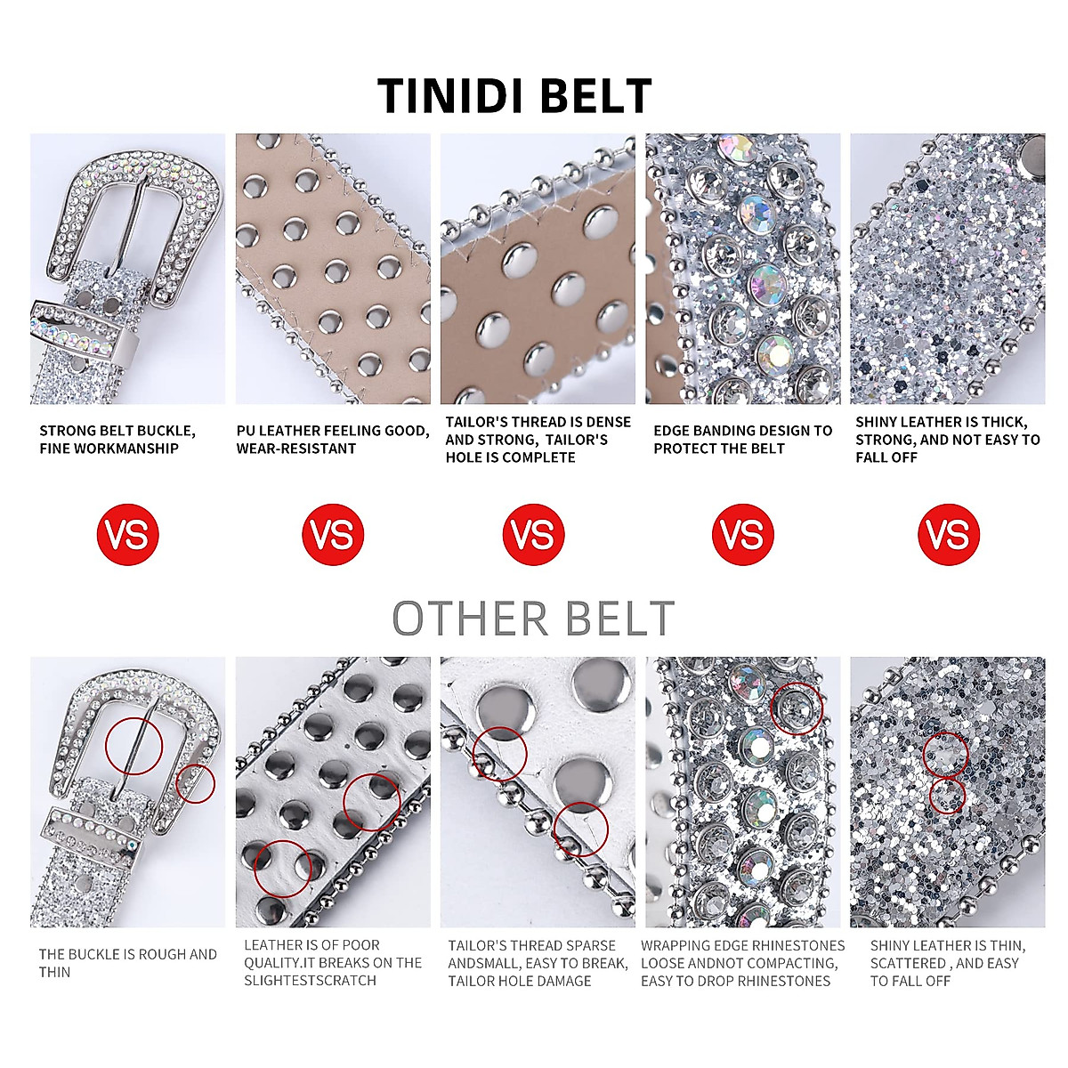 TINIDI Luxury Strap Men Women Rhinestones Belt Western Bling Bling Crystal Diamond Studded Belts (Silver, Fit Waist 28-30 inches)