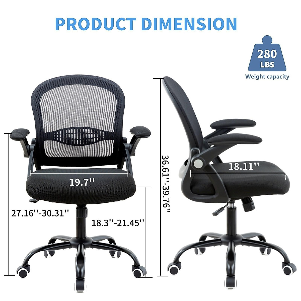 Office Chair Desk Chair, Ergonomic Home Office Task Chairs, Executive Task Chair, Adjustable MidBack Computer Gaming Chair, Flip-up Armrests 360° Swivel Breathable Mesh Back Chair, Black
