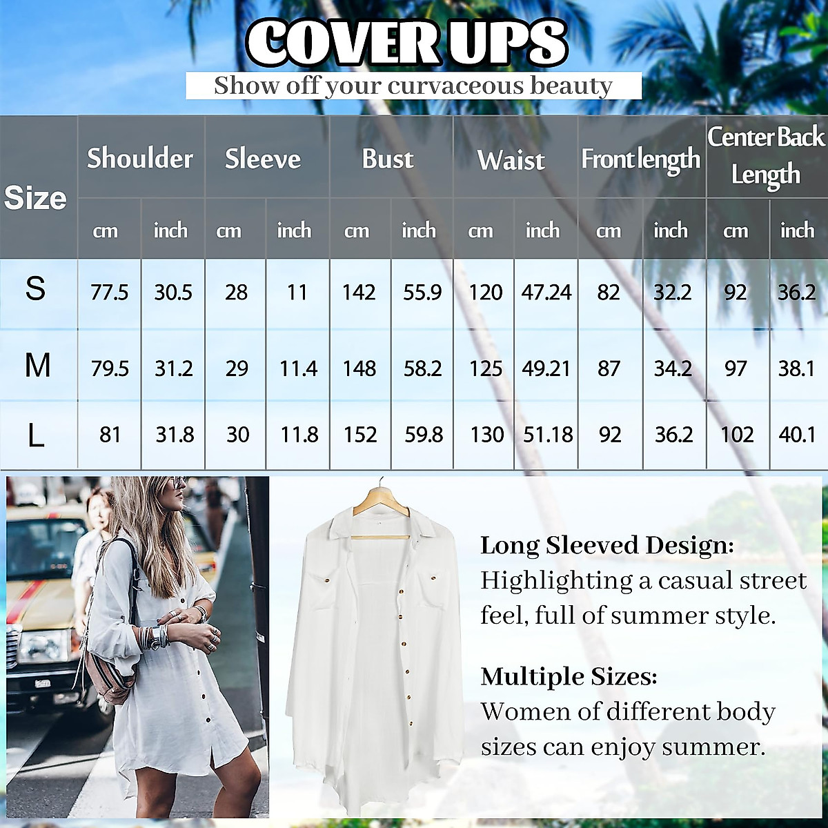 Chalier Women's Loose Long Sleeve Cover Ups Button Down Sleep Shirt Beach Up SwimSuit Dress, White, Small