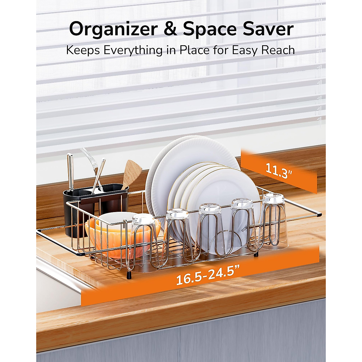 ULG Dish Drying Rack Kitchen Sink Dish Drainer Stainless Steel in/Over The Sink Drying Rack for Dishes Plates Glasses Silverware with Cup and Cutlery Holders Quick Drying Arms Extendable, Medium Size