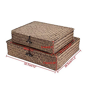 Hipiwe Set of 2 Flat Woven Wicker Storage Bins with Lid Natural Seagrass Basket Boxes Multipurpose Home Organizer Bins Boxes for Shelf Organizer (Coffee)