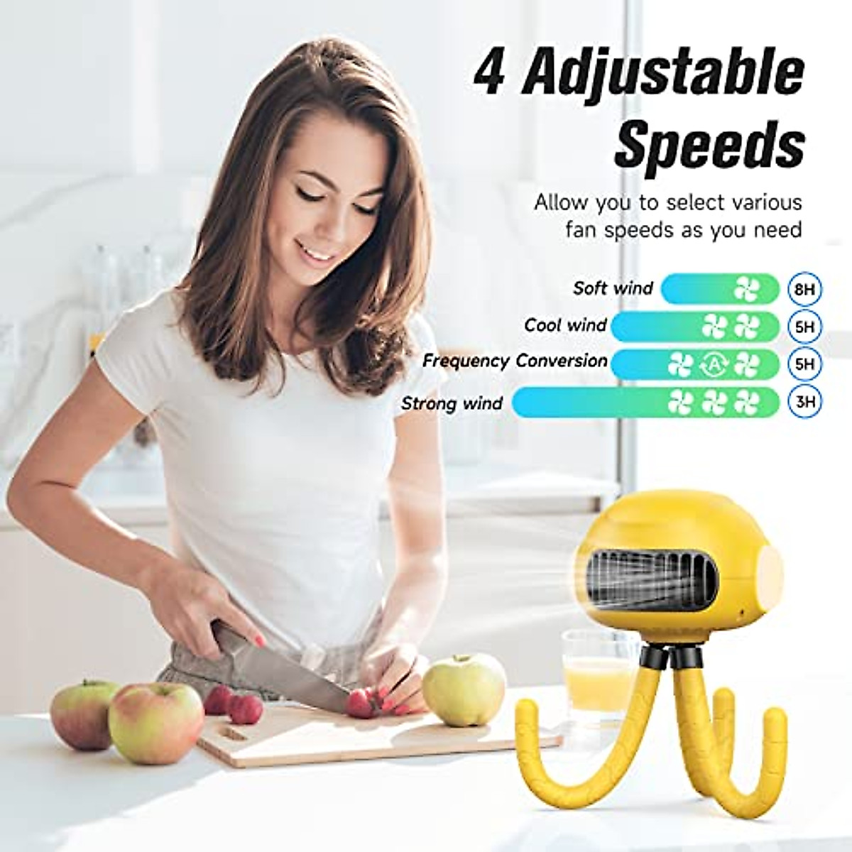 kudosay Mini Handheld Stroller Fan, 4000mAh Personal Portable Fan with Flexible Tripod and Adjustable 4 Speeds,LED Light, Battery Operated USB Fan for Stroller Office Bedroom, Outdoor (Yellow)