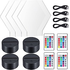 4 Set 3D Night Light LED Lamp Base with Clear Acrylic Sheets Remote Controls and Charging Cables Adjustable 16 Colors 4 Modes for Child Room Bar(Hexagon Style)