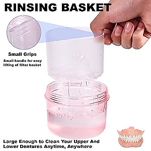 Denture Case, Leak Proof Denture Bath Cup for Travel, Denture Container Cups for Soaking Full & Partial Dentures, Retainers, Denture Cleaning Kit Holder Box with Denture Cleaner Brush-Transparent Pink