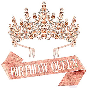 Birthday Sash and Tiara for Women Rose Gold Glitter Crystal Tiara & "Birthday Queen" Sash Set Birthday Crown and Sash for Girls Princess Birthday Decorations Party