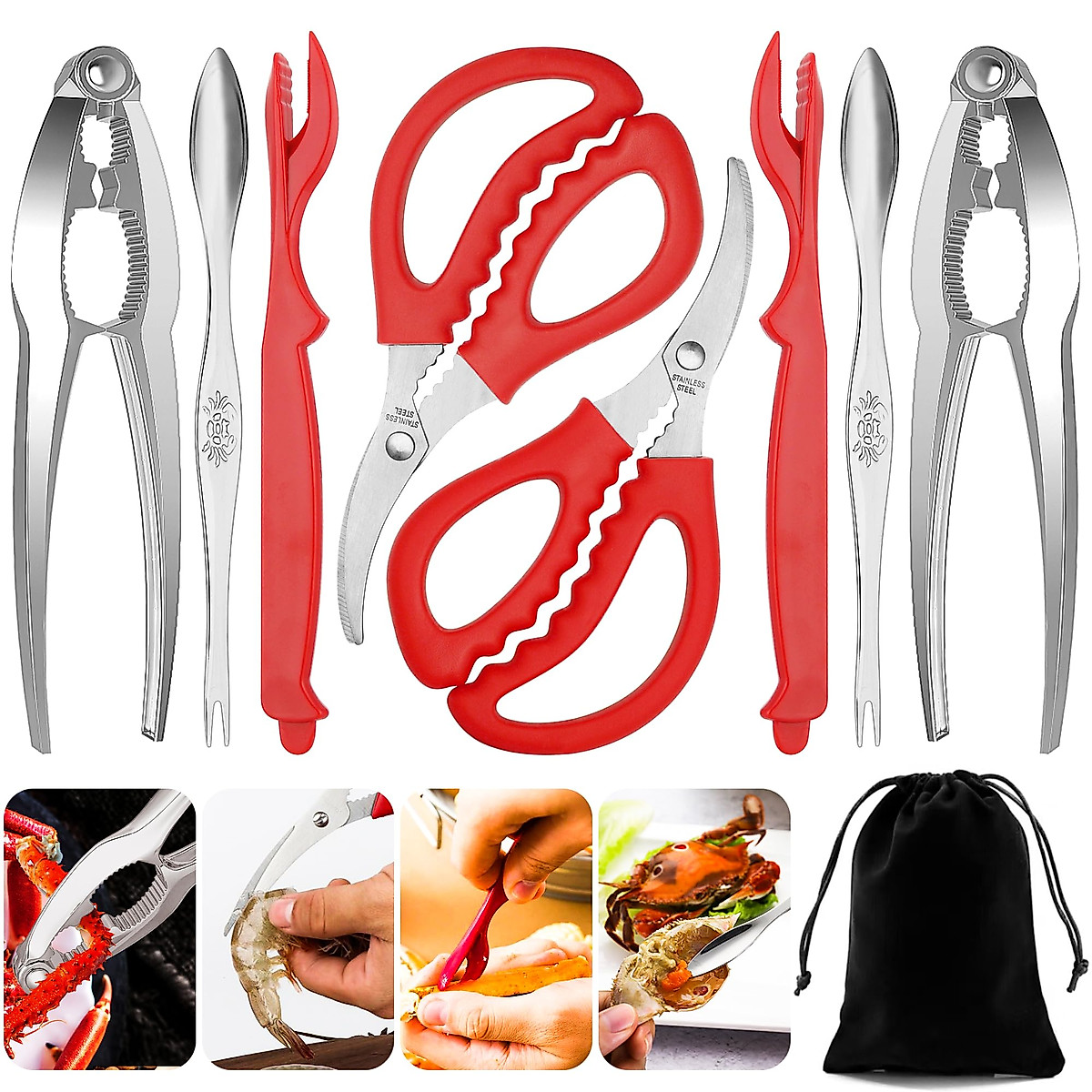 Crab Crackers and Tools, Lobster Crackers and Picks Set, 9Pcs Seafood Tools Set - Crab Leg Cracker Tool/Nut Crackers, Crawfish Sheller, Crab Leg Forks, Scissors & Storage Bag, Seafood Boil Utensils