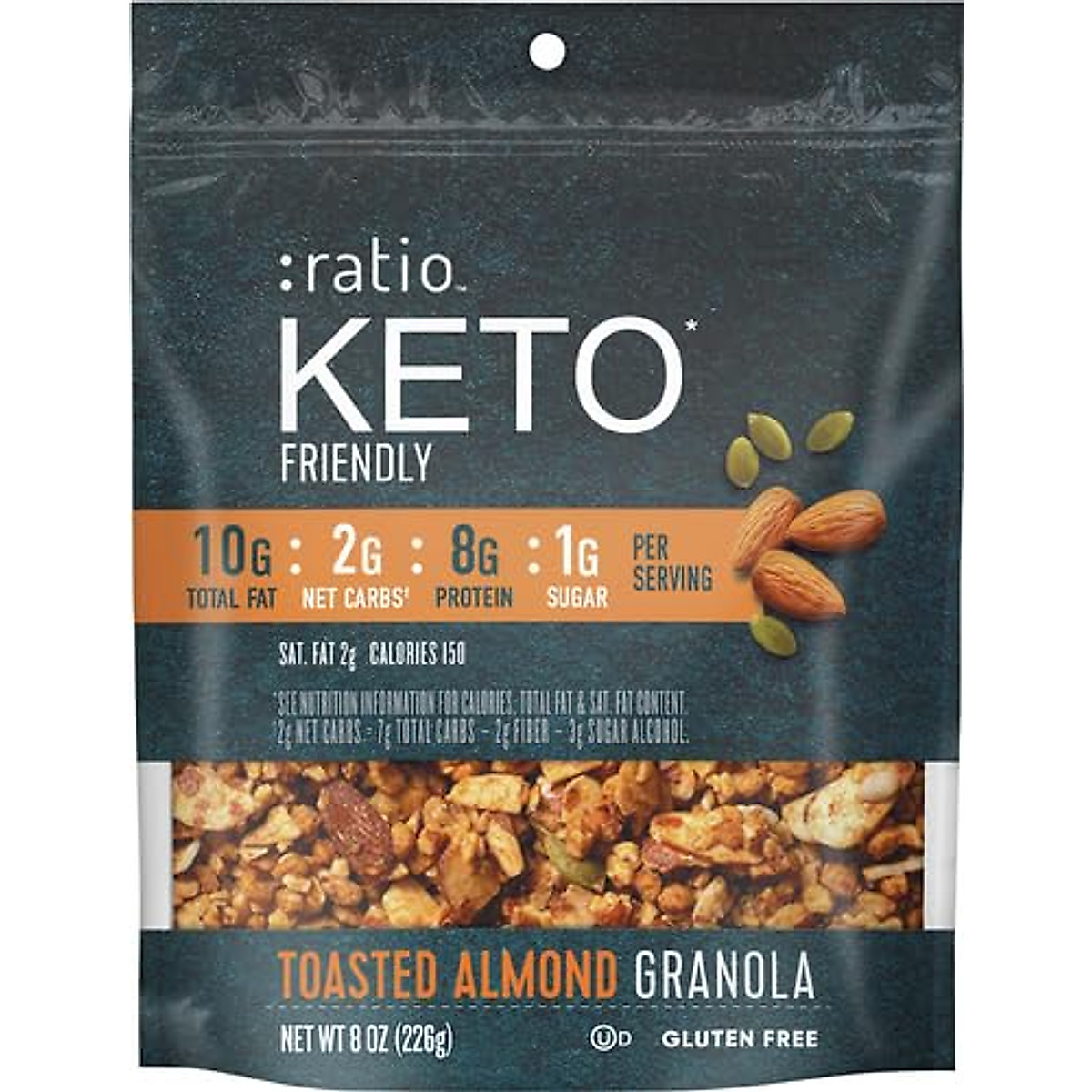 Ratio Toasted Almond Granola Cereal, 2g Sugar, Keto Friendly, 8 OZ Resealable Cereal Bag