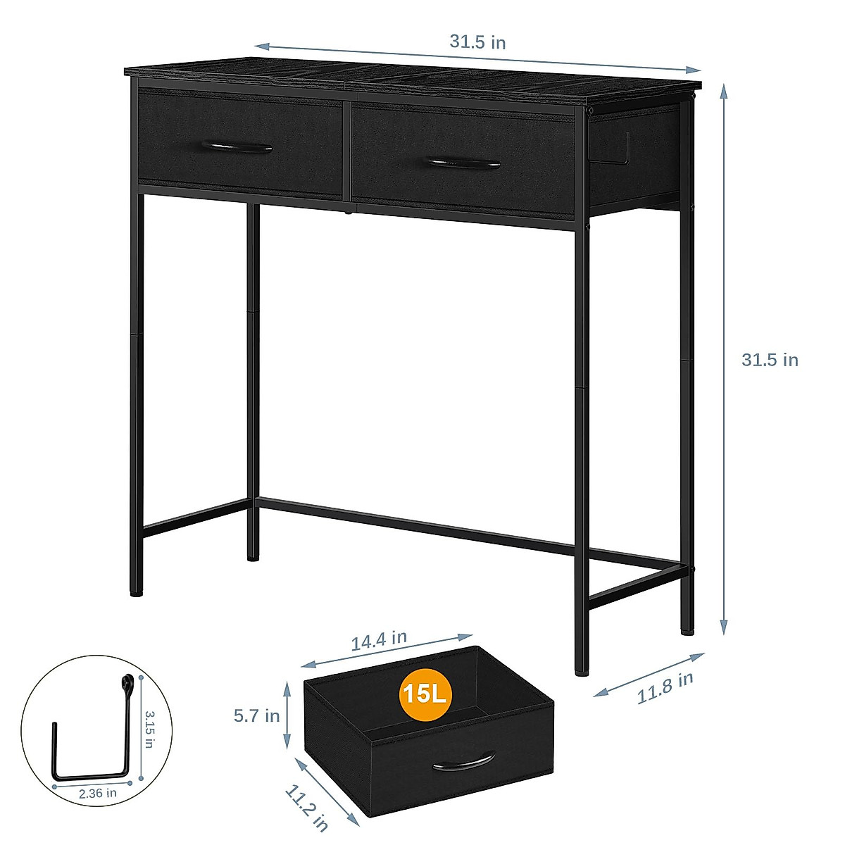 Console Table with 2 Drawers, 31.5 inches Small Entryway Table with Storage, Black Narrow Modern Sofa Table with Hooks and Fabric Drawers for Living Room Foyer Bedroom Corridor Office, Industrial