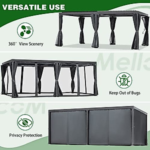 MELLCOM 10' × 20' Louvered Pergola with Adjustable Aluminum Rainproof Roof, Outdoor Hardtop Gazebo for Patio, Lawn & Garden, Curtains and Netting Included, Dark Gray