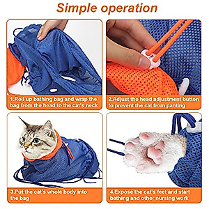 Catcan Cat Bathing Bag, Breathable Mesh Cat Shower Bag Anti Scratch Adjustable Cat Grooming Bag for Nail Trimming, Bathing Polyester Soft Cat Washing Bag (Blue-Orange)