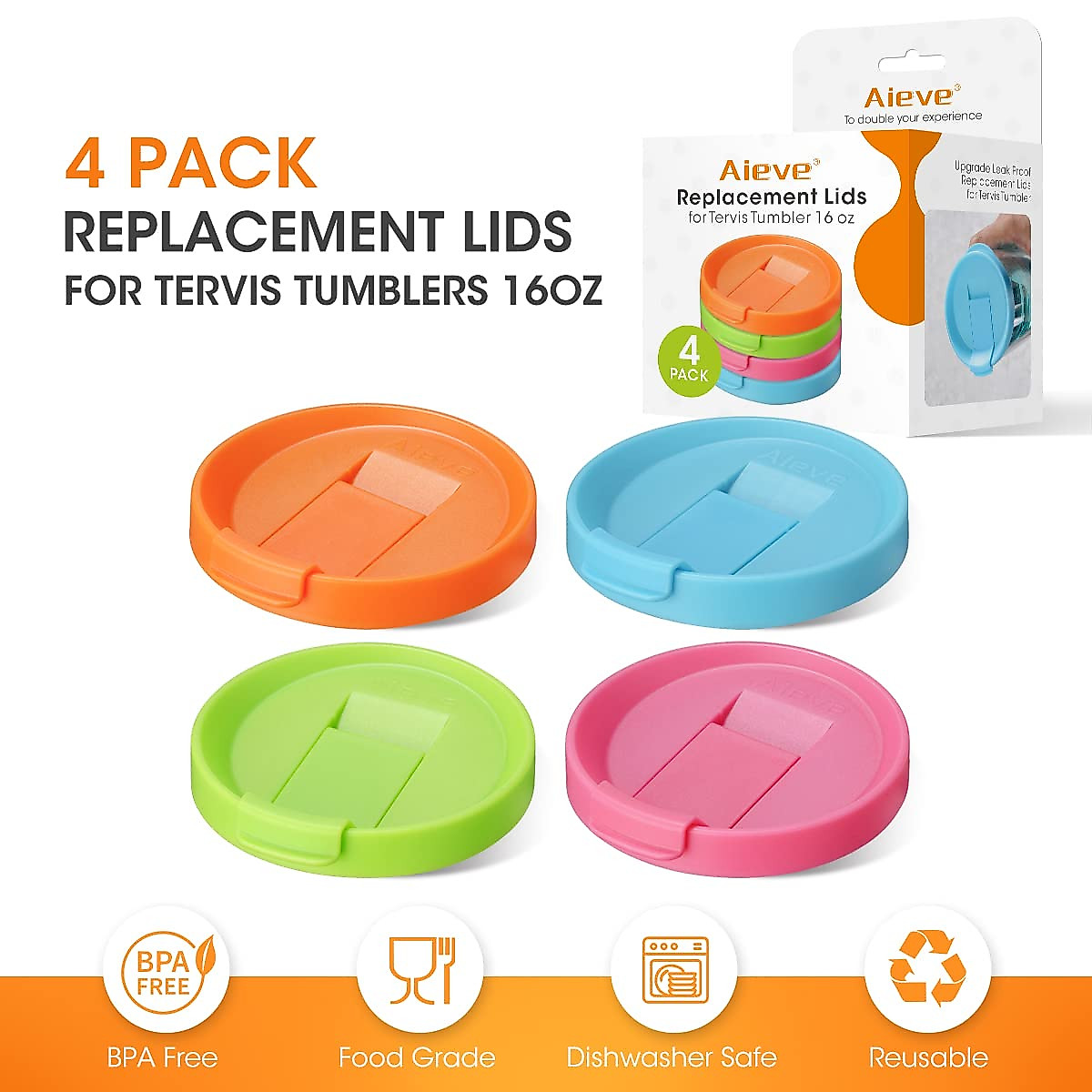 Aieve Leakproof Travel Lids, 4 Pack Replacement Tumbler Lid Compatible with Tervis Tumbler 16 oz