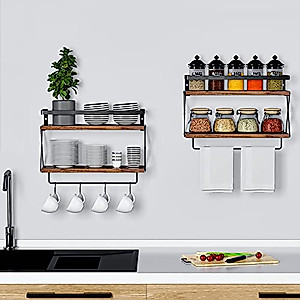 Neepiar Floating Shelves Bathroom Wall Shelf with Towel Bar Wall Shelves for Kitchen Living Room Bedroom Rustic Wood Wall Shelf with Protective Metal Guardrail Tissue Rack - Set of 2