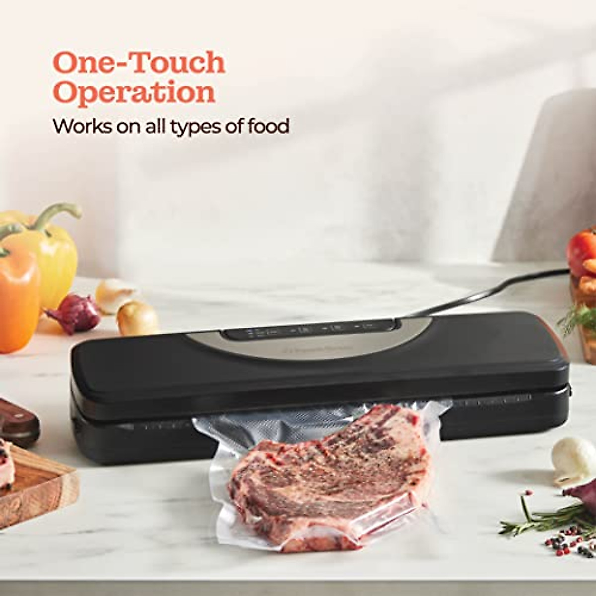 Superior Vacuum Sealer Machine, Food Sealer with Built-in Cutter with Dry, Gentle, Moist, Cycles. for Food Packing, Preservation, Sous-Vide, Starter Kit Includes 5 Bags 8x10", Roll 8x118", Sealer Hose