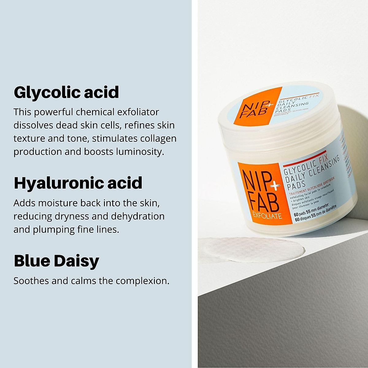 Nip + Fab Glycolic Acid Fix Daily Cleansing Pads for Face with Hyaluronic Acid, Witch Hazel, Exfoliating Resurfacing AHA Facial Cleanser for Exfoliation Even Skin Tone Brighten Skin, 60 Pads