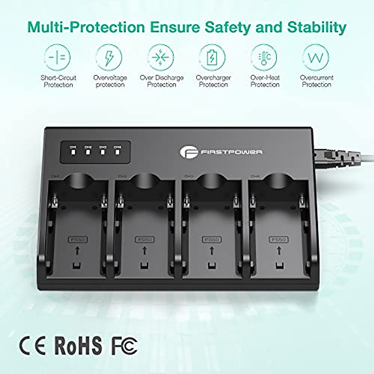 FirstPower 4-Channel Fast Charger for Sony NP-F550 NP-F570 NP-F750 NP-F770 NP-F930 NP-F950 NP-F960 NP-F970 Camera Battery