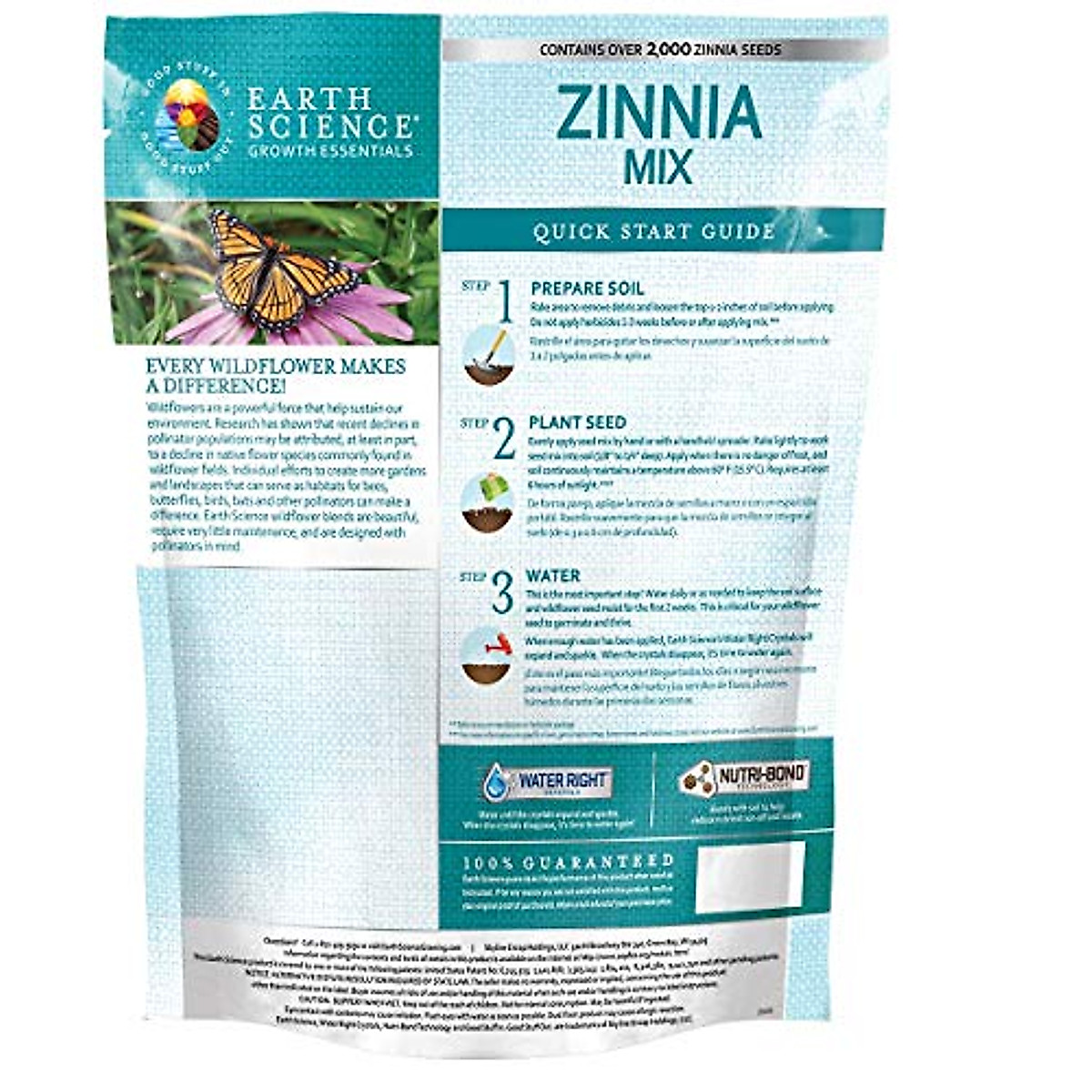 Zinnia Mix from Earth Science (2 lb), 3-in-1 Mix with Premium Wildflower Seed, Plant Food and Soil Conditioners, Non-GMO