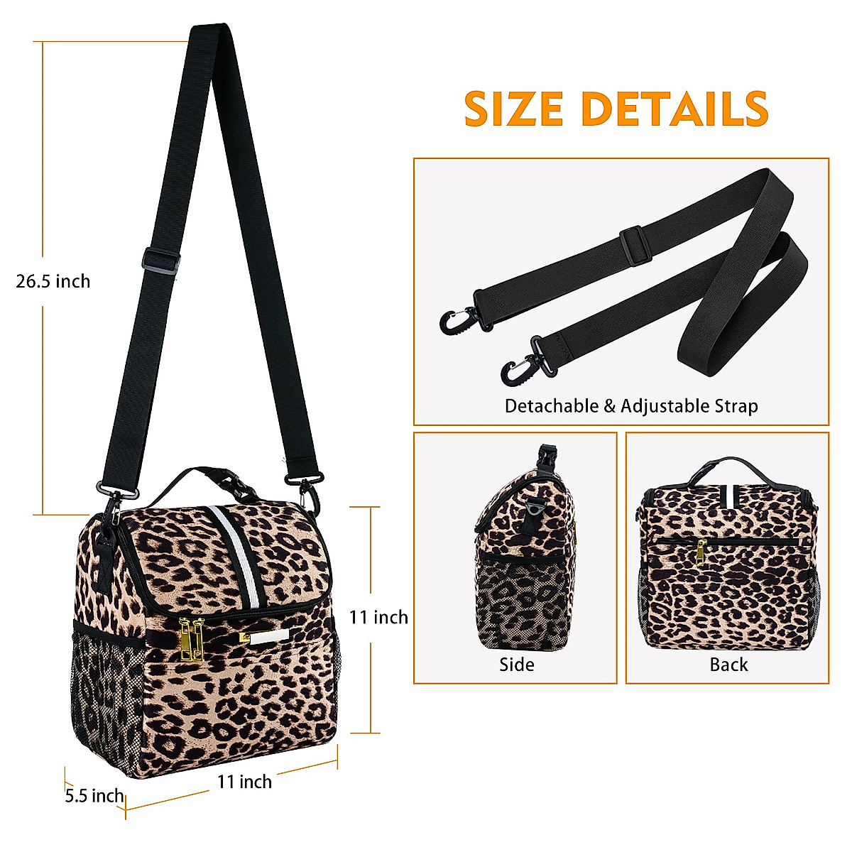 Women Insulated Lunch Bag,Large Lunch Tote Bag with Detachable Shoulder Strap and Buckle Handle Leopard