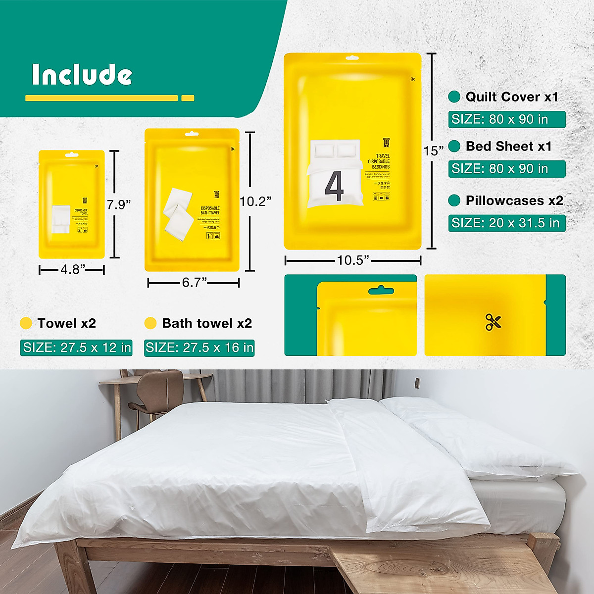 CLOVERCAT 8 PCS Disposable Bed Sheets Travel Sheets for Hotel, Disposable Bedding for Soft Breathable Bed Cover, Bed Sheet, Pillowcase, Towel Set for Trips, Hotels, Spa, Camping, Overnight Stay