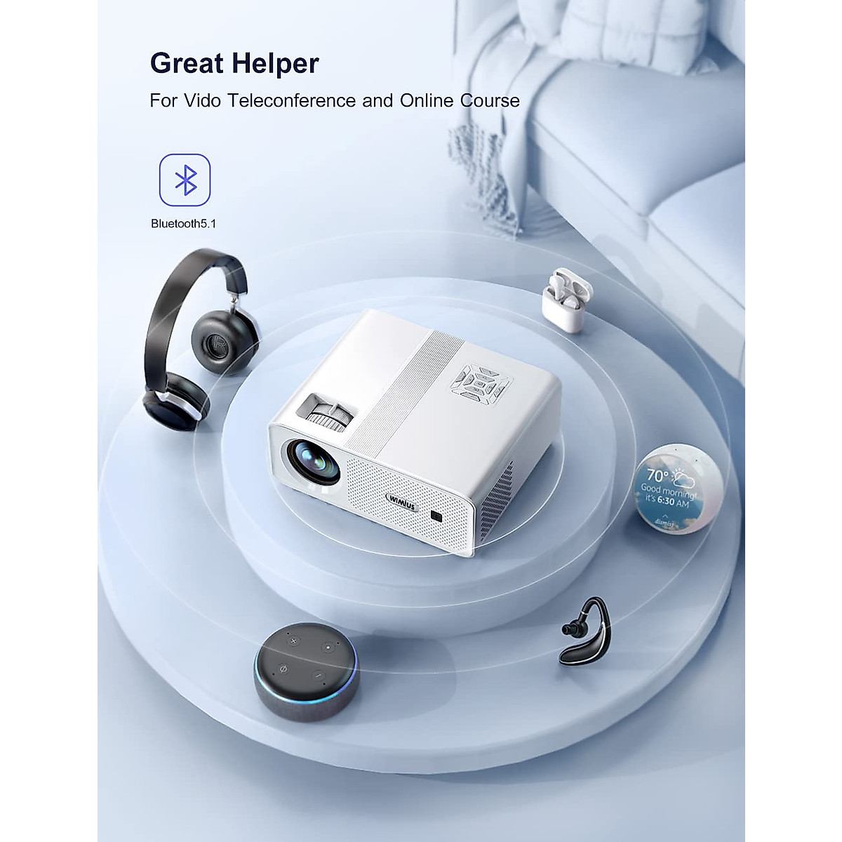 5G WiFi Bluetooth Projector, WiMiUS W7 Newest Native 1080P Projector 4K Supported,460 ANSI Lumens,Portable,4P/4D Keystone,Zoom,300"Display,Outdoor Movie Projector Compatible with TV Stick/Phone/Laptop