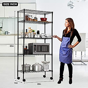Wire Shelving Unit Storage 5 Tier Metal Shelving Unit NSF Heavy Duty Shelves Height Adjustable Garage Shelving 14" W x 30" L x 60" H with Wheels Large Steel Commercial Shelving Black